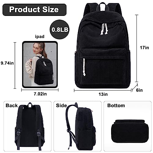 School Backpack for Teens Large Corduroy Bookbag Lightweight 17 inch Laptop Bag for Girls Boys Casual High School College (Corduroy-Black)