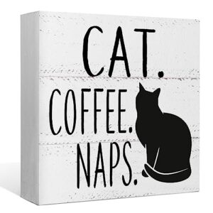 cat coffee naps funny black cat wood box sign desk decor,rustic wooden block sign decorations for home kitchen office cafe coffee bar wall tabletop shelf decor,gifts for coffee lovers cat lovers