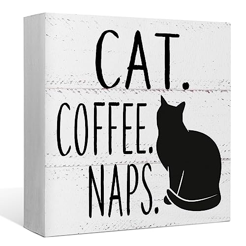 Cat Coffee Naps Funny Black Cat Wood Box Sign Desk Decor,Rustic Wooden Block Sign Decorations for Home Kitchen Office Cafe Coffee Bar Wall Tabletop Shelf Decor,Gifts for Coffee Lovers Cat Lovers