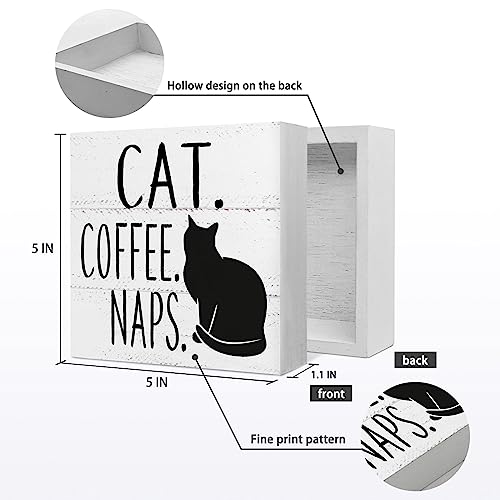 Cat Coffee Naps Funny Black Cat Wood Box Sign Desk Decor,Rustic Wooden Block Sign Decorations for Home Kitchen Office Cafe Coffee Bar Wall Tabletop Shelf Decor,Gifts for Coffee Lovers Cat Lovers