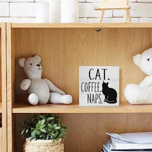 Cat Coffee Naps Funny Black Cat Wood Box Sign Desk Decor,Rustic Wooden Block Sign Decorations for Home Kitchen Office Cafe Coffee Bar Wall Tabletop Shelf Decor,Gifts for Coffee Lovers Cat Lovers