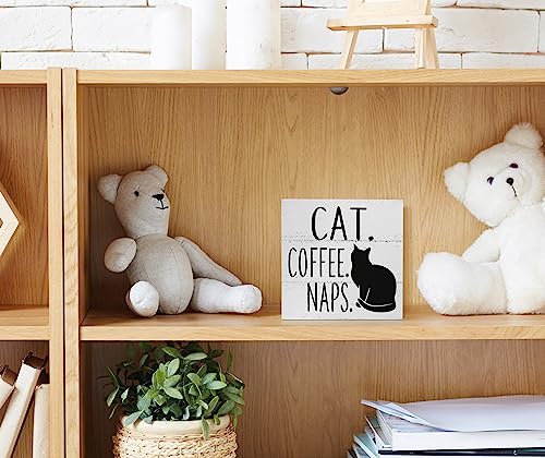 Cat Coffee Naps Funny Black Cat Wood Box Sign Desk Decor,Rustic Wooden Block Sign Decorations for Home Kitchen Office Cafe Coffee Bar Wall Tabletop Shelf Decor,Gifts for Coffee Lovers Cat Lovers