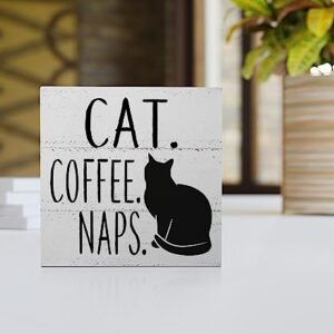 Cat Coffee Naps Funny Black Cat Wood Box Sign Desk Decor,Rustic Wooden Block Sign Decorations for Home Kitchen Office Cafe Coffee Bar Wall Tabletop Shelf Decor,Gifts for Coffee Lovers Cat Lovers