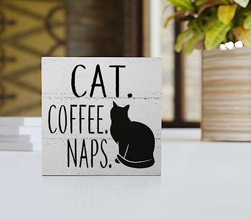 Cat Coffee Naps Funny Black Cat Wood Box Sign Desk Decor,Rustic Wooden Block Sign Decorations for Home Kitchen Office Cafe Coffee Bar Wall Tabletop Shelf Decor,Gifts for Coffee Lovers Cat Lovers