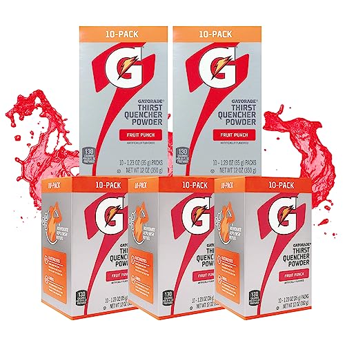 Gatorade Thirst Quencher Powder Sticks, Fruit Punch, 1.23oz Gatorade Powder Packets with Electrolytes (5 Packs of 10, Total of 50pcs)