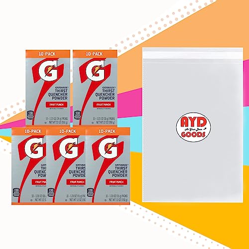 Gatorade Thirst Quencher Powder Sticks, Fruit Punch, 1.23oz Gatorade Powder Packets with Electrolytes (5 Packs of 10, Total of 50pcs)