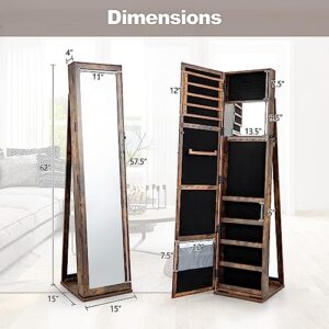 CHARMAID Jewelry Armoire with Higher Full Length Mirror, Lockable Jewelry Cabinet Organizer with Large Storage Capacity, Inside Makeup Mirror, Stable Base, Easy Assembly (Rustic Brown)