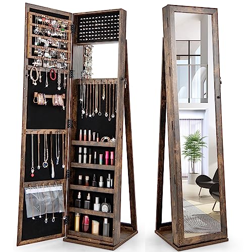 CHARMAID Jewelry Armoire with Higher Full Length Mirror, Lockable Jewelry Cabinet Organizer with Large Storage Capacity, Inside Makeup Mirror, Stable Base, Easy Assembly (Rustic Brown)