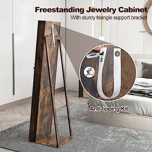 CHARMAID Jewelry Armoire with Higher Full Length Mirror, Lockable Jewelry Cabinet Organizer with Large Storage Capacity, Inside Makeup Mirror, Stable Base, Easy Assembly (Rustic Brown)