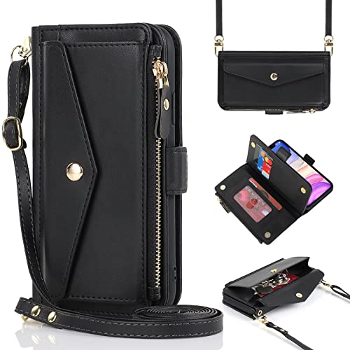 DEYHU for iPhone 13 pro max Wallet case,iPhone 13 pro max Phone case with Zipper Card Holders for Women Slots Crossbody Flip Folio Book Cover with Credit Card Holder Men case - Black