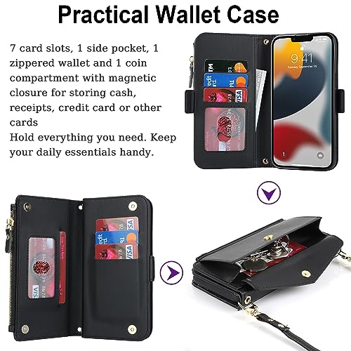 DEYHU for iPhone 13 pro max Wallet case,iPhone 13 pro max Phone case with Zipper Card Holders for Women Slots Crossbody Flip Folio Book Cover with Credit Card Holder Men case - Black