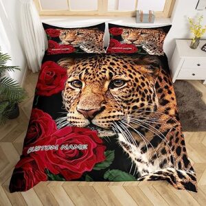 custom name leopard print comforter cover red rose flower duvet cover queen,cheetah bedding set big cat wildlife bed set wild animal theme bedroom decor for boys girls youth men women female,brown