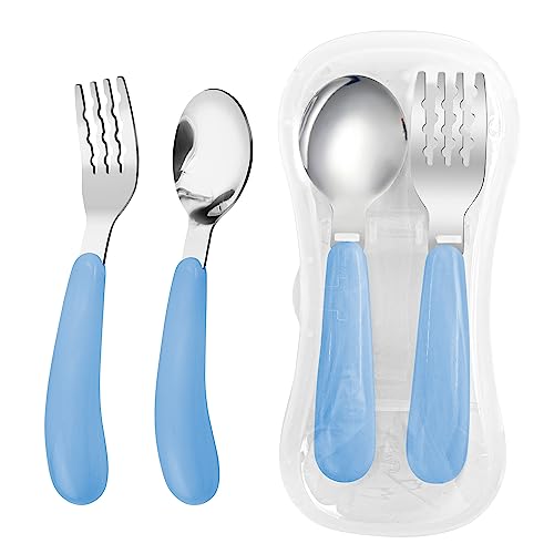 VANRA 2 Pieces Toddler Fork and Spoon Set with Travel Case 18/8 Stainless Steel Toddler Utensils Kids Silverware Children Flatware Child Cutlery Set for School Lunch Box (Blue)