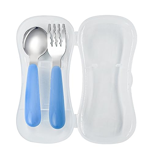 VANRA 2 Pieces Toddler Fork and Spoon Set with Travel Case 18/8 Stainless Steel Toddler Utensils Kids Silverware Children Flatware Child Cutlery Set for School Lunch Box (Blue)