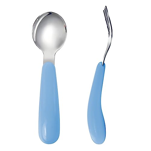 VANRA 2 Pieces Toddler Fork and Spoon Set with Travel Case 18/8 Stainless Steel Toddler Utensils Kids Silverware Children Flatware Child Cutlery Set for School Lunch Box (Blue)