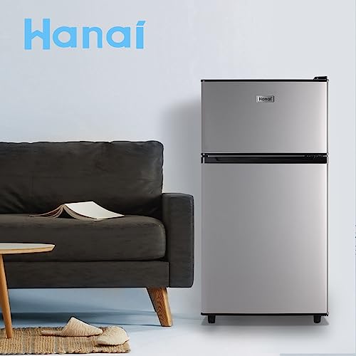 WANAI Mini Fridge with Freezer 3.5 Cu.Ft Double Door Compact Refrigerator with Freezer-on-Top Small Freestanding Fridge with 7 Level Adjustable Thermostat Bedroom Dorm Office, Kitchen Apartment Silver