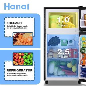 WANAI Mini Fridge with Freezer 3.5 Cu.Ft Double Door Compact Refrigerator with Freezer-on-Top Small Freestanding Fridge with 7 Level Adjustable Thermostat Bedroom Dorm Office, Kitchen Apartment Silver