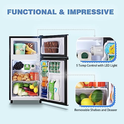 WANAI Mini Fridge with Freezer 3.5 Cu.Ft Double Door Compact Refrigerator with Freezer-on-Top Small Freestanding Fridge with 7 Level Adjustable Thermostat Bedroom Dorm Office, Kitchen Apartment Silver