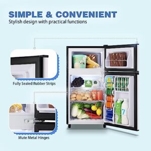 WANAI Mini Fridge with Freezer 3.5 Cu.Ft Double Door Compact Refrigerator with Freezer-on-Top Small Freestanding Fridge with 7 Level Adjustable Thermostat Bedroom Dorm Office, Kitchen Apartment Silver