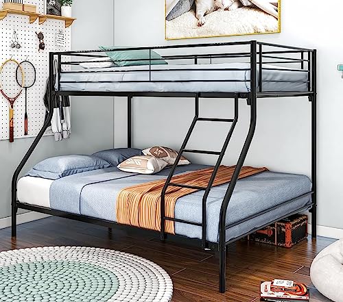 EMKK Twin Over Full Metal Bunk Bed Heavy Duty Bunk Beds Frame with Side Ladders Convertible Bunkbed with Safety Guard Rails, Metal Bunk Bed Frame, No Box Spring Needed