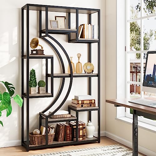 Etagere Bookcase, 70 Inch Tall Book Shelf with 9 Open Shelves, 40 inch Wide Industrial Wood Bookshelves with Metal Frame for Home Office Living Room and Bedroom, Gray Wash