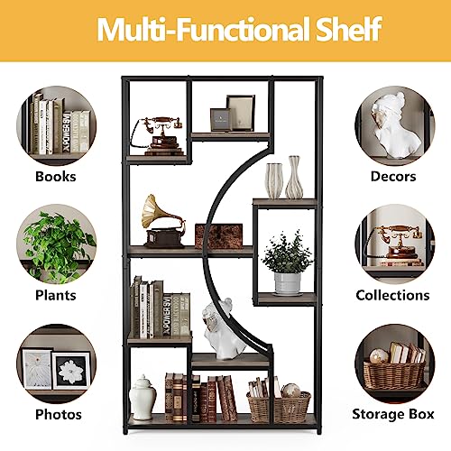 Etagere Bookcase, 70 Inch Tall Book Shelf with 9 Open Shelves, 40 inch Wide Industrial Wood Bookshelves with Metal Frame for Home Office Living Room and Bedroom, Gray Wash