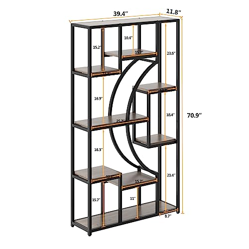 Etagere Bookcase, 70 Inch Tall Book Shelf with 9 Open Shelves, 40 inch Wide Industrial Wood Bookshelves with Metal Frame for Home Office Living Room and Bedroom, Gray Wash