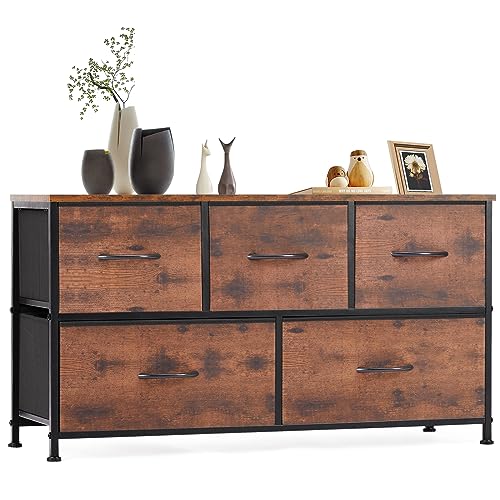 Sweetcrispy Rustic Brown Kids, 5 Dresser Chest Bedroom, Metal Frame and Wood Top for TV Stand up to 45 inch with Fabric Storage Drawer Units for Living Room