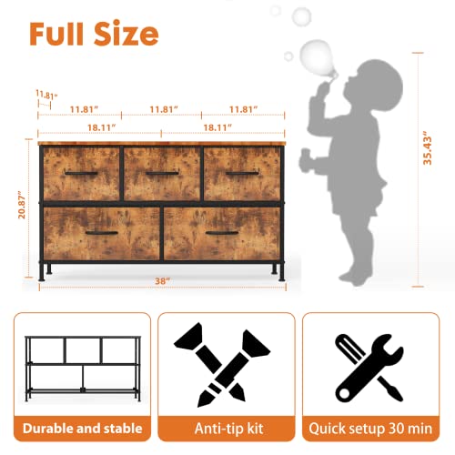 Sweetcrispy Rustic Brown Kids, 5 Dresser Chest Bedroom, Metal Frame and Wood Top for TV Stand up to 45 inch with Fabric Storage Drawer Units for Living Room