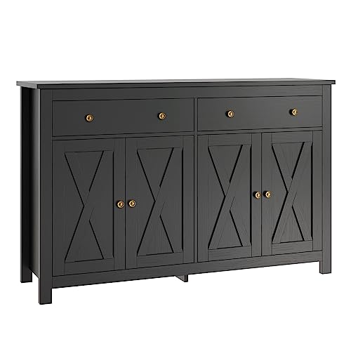 FOTOSOK Sideboard Buffet Cabinet with Storage, 55" Large Kitchen Storage Cabinet with 2 Drawers and 4 Doors, Wood Coffee Bar Cabinet Buffet Table Console Cabinet for Kitchen Dining Room, Black