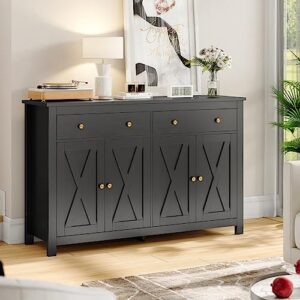 FOTOSOK Sideboard Buffet Cabinet with Storage, 55" Large Kitchen Storage Cabinet with 2 Drawers and 4 Doors, Wood Coffee Bar Cabinet Buffet Table Console Cabinet for Kitchen Dining Room, Black