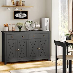 FOTOSOK Sideboard Buffet Cabinet with Storage, 55" Large Kitchen Storage Cabinet with 2 Drawers and 4 Doors, Wood Coffee Bar Cabinet Buffet Table Console Cabinet for Kitchen Dining Room, Black