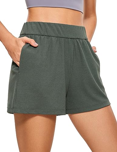 CRZ YOGA Comfy Ribbed Sweat Shorts for Women High Waisted Tencel Casual Lounge Jersey Shorts with Pockets Grey Sage Medium