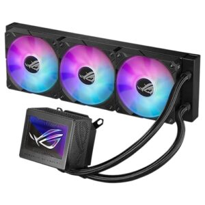 asus rog ryujin iii 360 argb all-in-one liquid cpu cooler with 360mm radiator. asetek 8th gen pump, 3x magnetic 120mm argb fans (daisy chain design), 3.5” lcd display