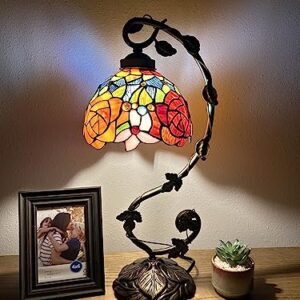 Enjoy Tiffany Style Table Lamp Stained Glass Rose Flowers Iron Metal Leaves Bronze Base Vintage for Living Room Dining Room Bedroom Bedside Office Hotel H21*W11 in