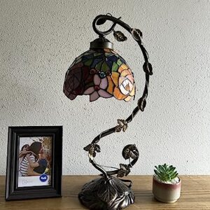 Enjoy Tiffany Style Table Lamp Stained Glass Rose Flowers Iron Metal Leaves Bronze Base Vintage for Living Room Dining Room Bedroom Bedside Office Hotel H21*W11 in