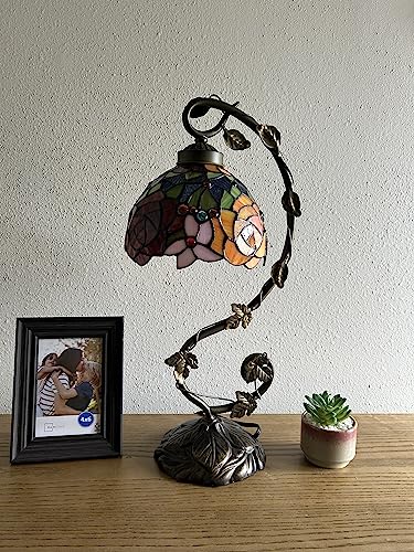 Enjoy Tiffany Style Table Lamp Stained Glass Rose Flowers Iron Metal Leaves Bronze Base Vintage for Living Room Dining Room Bedroom Bedside Office Hotel H21*W11 in