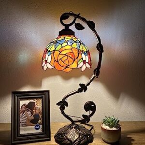 Enjoy Tiffany Style Table Lamp Stained Glass Rose Flowers Iron Metal Leaves Bronze Base Vintage for Living Room Dining Room Bedroom Bedside Office Hotel H21*W11 in