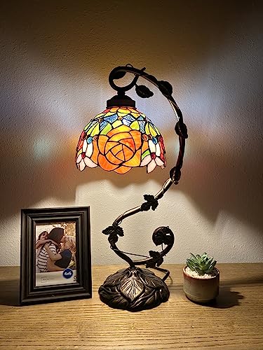 Enjoy Tiffany Style Table Lamp Stained Glass Rose Flowers Iron Metal Leaves Bronze Base Vintage for Living Room Dining Room Bedroom Bedside Office Hotel H21*W11 in