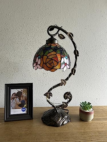 Enjoy Tiffany Style Table Lamp Stained Glass Rose Flowers Iron Metal Leaves Bronze Base Vintage for Living Room Dining Room Bedroom Bedside Office Hotel H21*W11 in