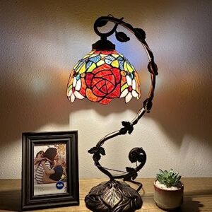 Enjoy Tiffany Style Table Lamp Stained Glass Rose Flowers Iron Metal Leaves Bronze Base Vintage for Living Room Dining Room Bedroom Bedside Office Hotel H21*W11 in