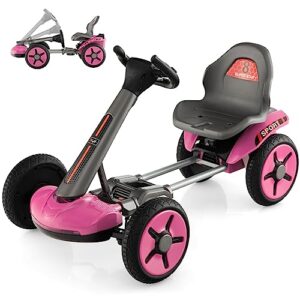 honey joy 12v go kart for kids, 4-wheel folding pedal go kart, 2-position adjustable steering wheel & seat, lights, cup holder, slow start, electric go cart ride on car, gift for boys girls (pink)