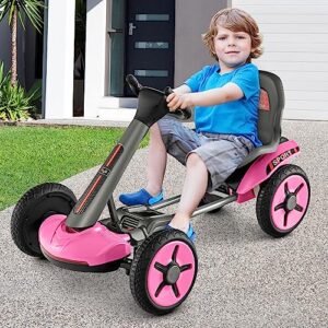 HONEY JOY 12V Go Kart for Kids, 4-Wheel Folding Pedal Go Kart, 2-Position Adjustable Steering Wheel & Seat, Lights, Cup Holder, Slow Start, Electric Go Cart Ride on Car, Gift for Boys Girls (Pink)