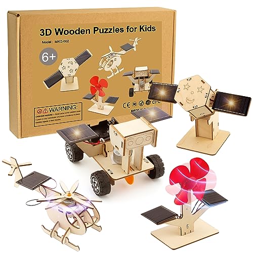 4 Set Solar-Power STEM Toy for Kids, DIY 3D Wood Puzzles Craft for Boys Girl Age 6-12, Educational Science Building Kit with 4 Different Models DIY Gift Toys for Christmas Birthday