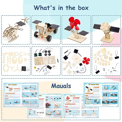 4 Set Solar-Power STEM Toy for Kids, DIY 3D Wood Puzzles Craft for Boys Girl Age 6-12, Educational Science Building Kit with 4 Different Models DIY Gift Toys for Christmas Birthday