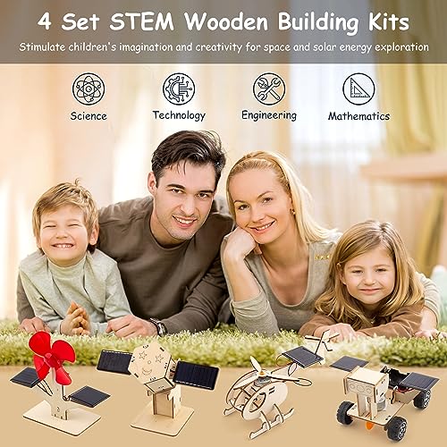 4 Set Solar-Power STEM Toy for Kids, DIY 3D Wood Puzzles Craft for Boys Girl Age 6-12, Educational Science Building Kit with 4 Different Models DIY Gift Toys for Christmas Birthday