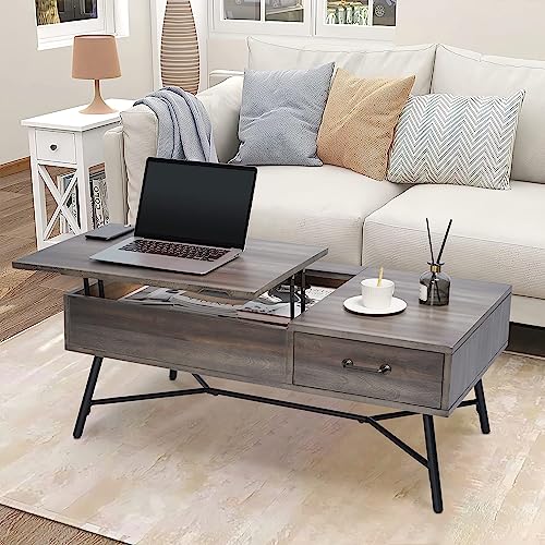 OUllUO Wood Lift Top Coffee Table with Charging Station, Vintage Coffee Table with Storage, Rustic Central Table for Living Room, Home Office, Gray Rising Coffee Table