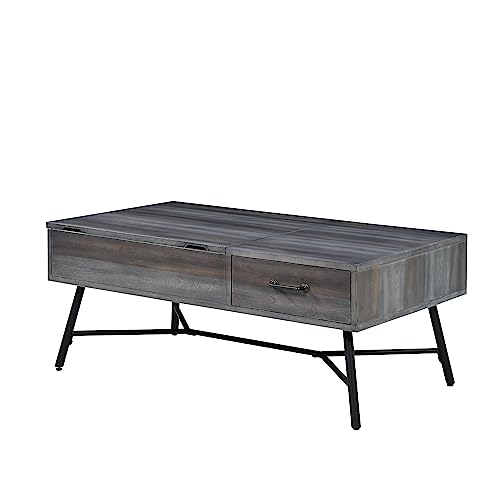 OUllUO Wood Lift Top Coffee Table with Charging Station, Vintage Coffee Table with Storage, Rustic Central Table for Living Room, Home Office, Gray Rising Coffee Table