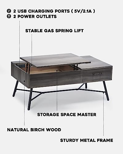 OUllUO Wood Lift Top Coffee Table with Charging Station, Vintage Coffee Table with Storage, Rustic Central Table for Living Room, Home Office, Gray Rising Coffee Table