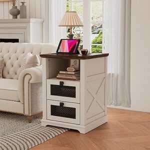 LDTTCUK Nightstand with Charging Station, End Table with 2 Drawers & Open Storage,Sofa Side Table with Mesh Drawers, Farmhouse Design Bedside Table for Living Room, Bedroom, White